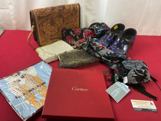 Cartier Scarf NIP, 3 Beaded Purses, Scrollworked Leather Purse, Dansko ...