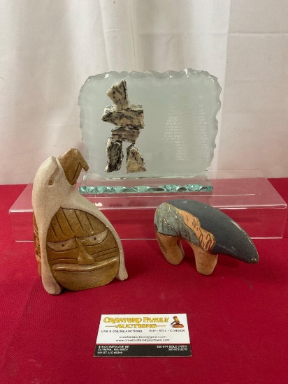 Trio of Native American/Inuit Pieces, Glass Slab w/ Inukshuk, Signed ...