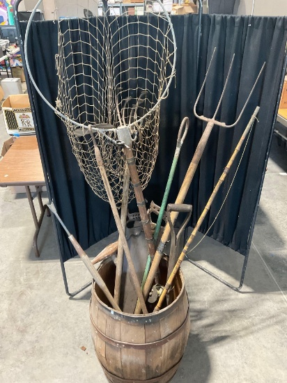Assortmen of Vintage Tools, Pitchfork, Net, Shovel, Handsaws, Fishing ...