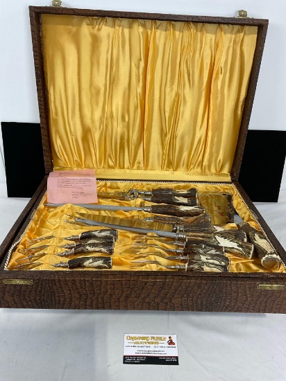 Klaus Tragbar Solingen German Flatware, Carved Antler Handles, in case ...