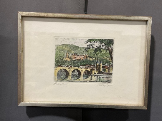 Framed Signed Small Handcolored Etching, Heidelberg by Hans Potrebny ...