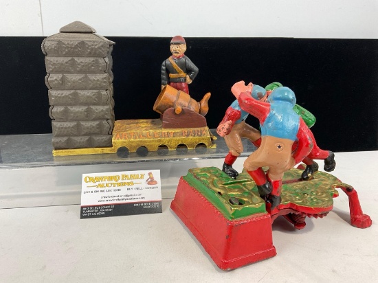 Pair of Cast Metal Coin Banks, Artillery Bank, Cannon Castle & Soldier ...