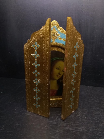 Religious Icon-Wooden Tri Fold with Lacquered Paintings Madonna with ...