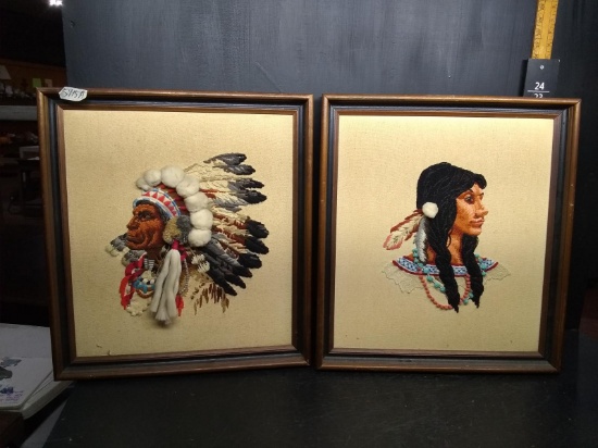 Artwork-(2) Framed Embroidery Work-Indian Chief and Squaw (x2) | Online ...