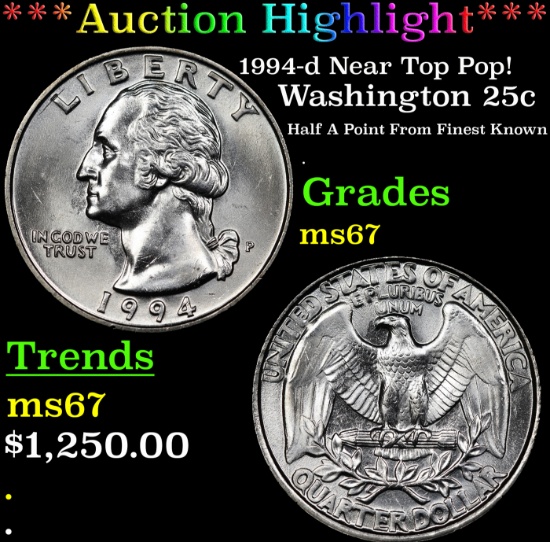***Auction Highlight*** 1994-d Washington Quarter Near Top Pop! 25c Graded ms67 BY SEGS (fc ...