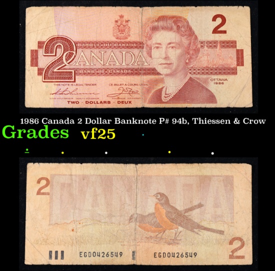 1986 Canada 2 Dollar Banknote P# 94b, Thiessen & Crow Grades vf+ ...