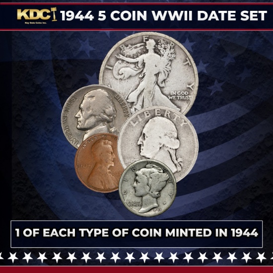 1944 WWII 5 Coin Date Set, 1 Of Each Type Of Coin Minted in 1944 ...