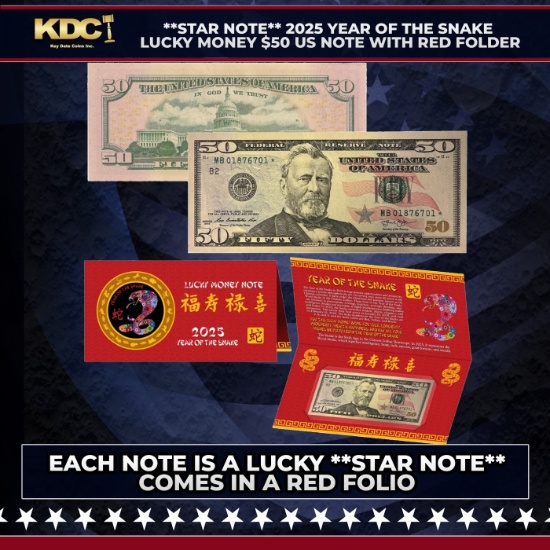 **Star Note** 2025 Year of the Snake Lucky Money $50 US Note with Red ...