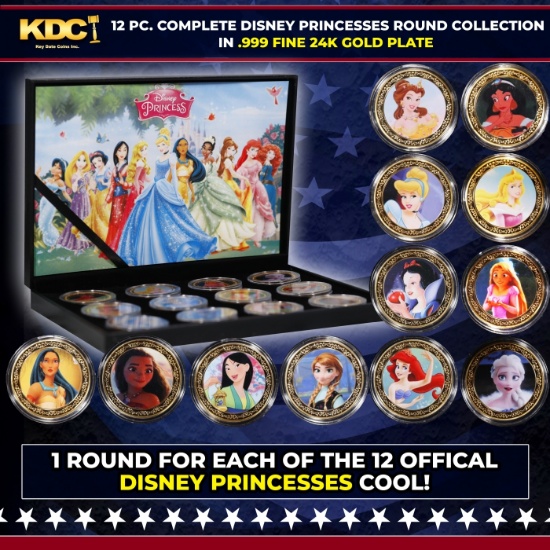 12 Coin Complete Disney Princess Gold Plated Round Collection In Custom ...