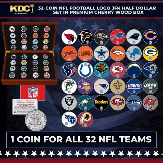 32-Coin NFL Football Logo JFK Half Dollar Set in Premium Cherry Wood ...