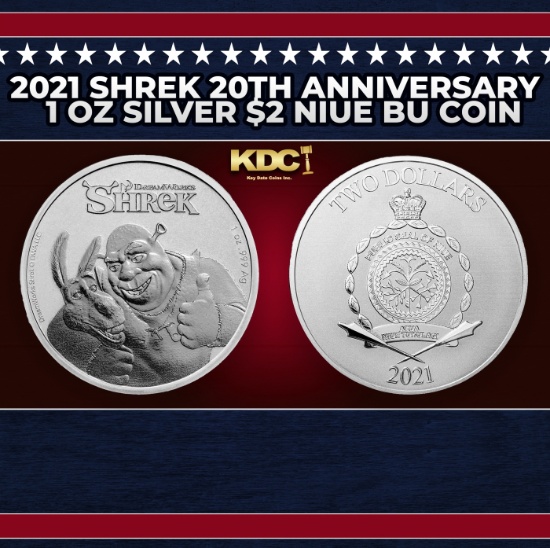 2021 Shrek 20th Anniversary 1 oz Silver $2 Niue BU Coin Round | Coins ...