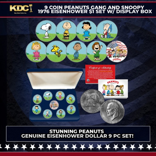 9 Coin Charlie Brown Peanuts Gang and Snoopy 1976 Eisenhower $1 Set w ...