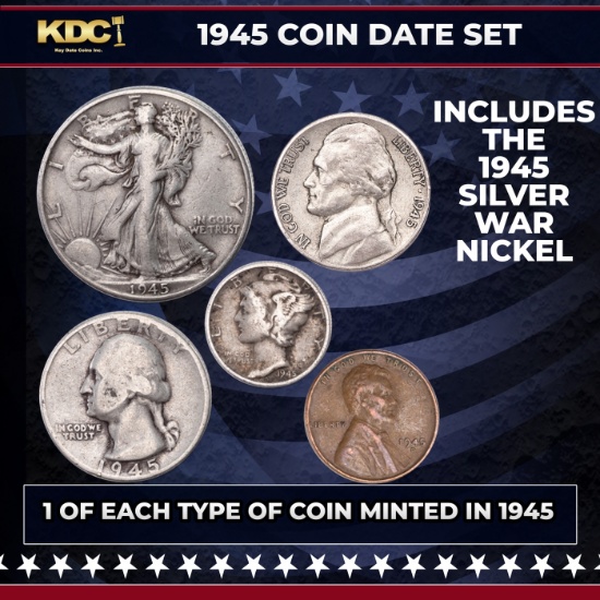 1945 WWII 5 Coin Date Set, 1 Of Each Type Of Coin Minted in 1945 ...