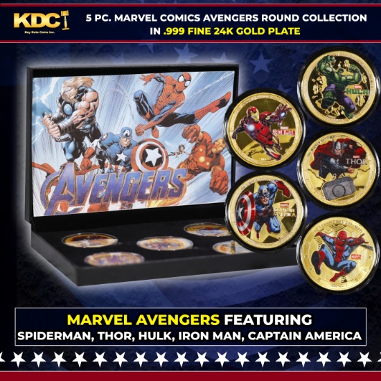 5 Coin Marvel Comics Avengers Gold Plated Round Collection Spider-Man ...