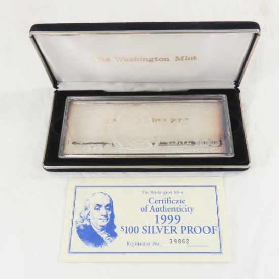 The Washington Mint 1999 4ozt $100 Silver Proof | Online Auctions ...