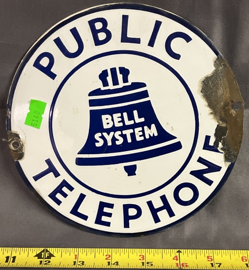 Bell System Public Telephone Round Enamel Sign No. 22 (with damage) 7 ...