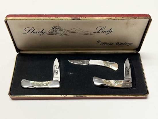 RARE VINTAGE FROST CUTLERY "SHADY LADY" 3 KNIFE ABALONE SET IN ORIGINAL ...