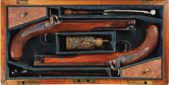 Cased Pair of Engraved Back Action Percussion Pistols by Simmons | Guns ...