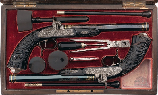 Cased Pair of 1852 Dated Engraved, Gold Inlaid Devisme Pistols | Guns ...