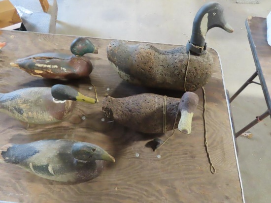 3 Antique Wooden Duck Decoys And 2 Oscar Quam Cork Decoys Hen Mallard And Online Auctions