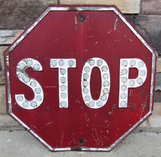 Vintage Heavy Embossed Metal "STOP" Sign w/ Reflector Eyes | Online ...