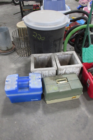 30 GALLON GARBAGE CAN, TACKLE BOX, TOOL BOX w / TOOLS ( tape, vise grip ...