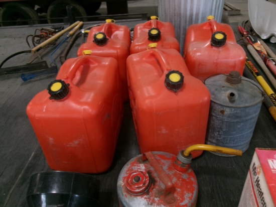 5-5 GALLON FUEL JUGS, FUNNEL, & UNUSED MR. HEATER 14,000 BTU SUNFLOWER ...