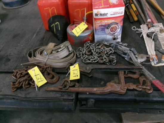 2-10' LOG CHAINS, 2 -CHAIN BINDERS, RACHET STRAP, & CABLE HOIST ...