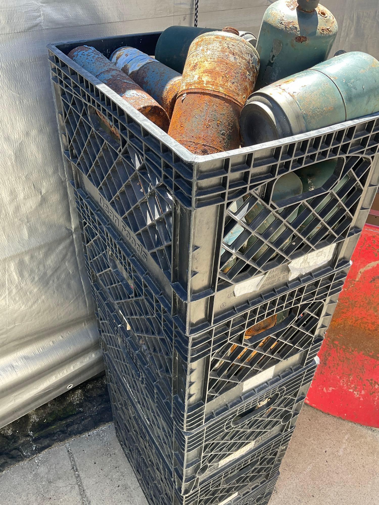 5 plastic crates with propane canister's, some | Proxibid