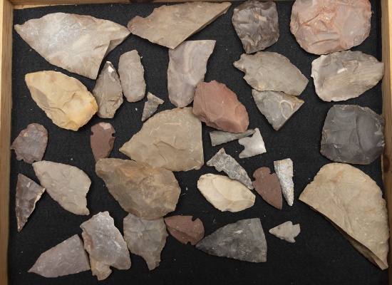 A collection of 30 pieces of Flint Points & Scrapers, sold in a glass ...