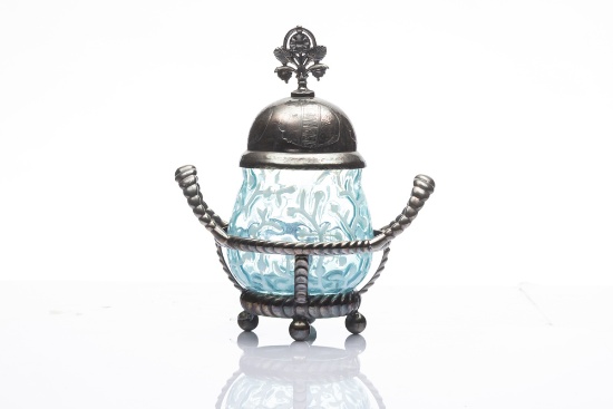Aqua blue and silver Pickle Castor with double handled stand measuring ...