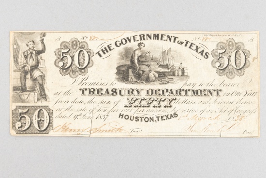 Early Texas Currency, a Fifty Dollar Bill dated 1838, signed by Sam ...