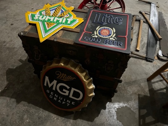 1767. 19” X 19” MILLER HIGH LIFE MIRROR, 20” ROUND MGD BOTTLE CAP, 20 ...