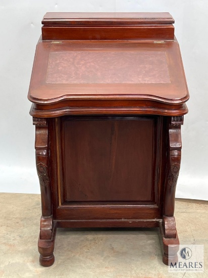 Dark Wood Seated Scribe Table with Opening Lid and Side Drawer Storage ...