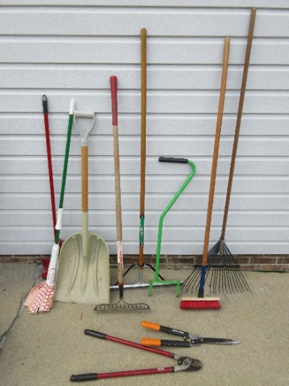 Lot Yard Tools and Other Hard Rake, Scrub Brush, Yard Rake, Pruner ...