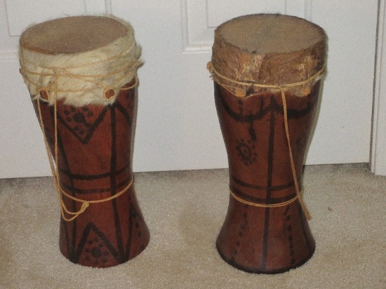 Pair Tribal Wooden African Drums Hand Crafted w/Animal Skin AKA Kpan ...