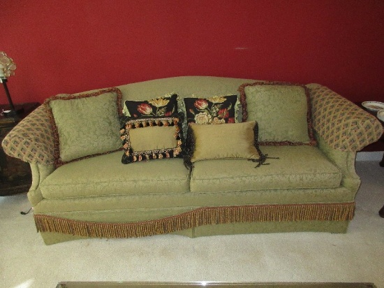 Sophisticated Formal Camel Back Sofa w/Rolled Arms Accent Fringe ...