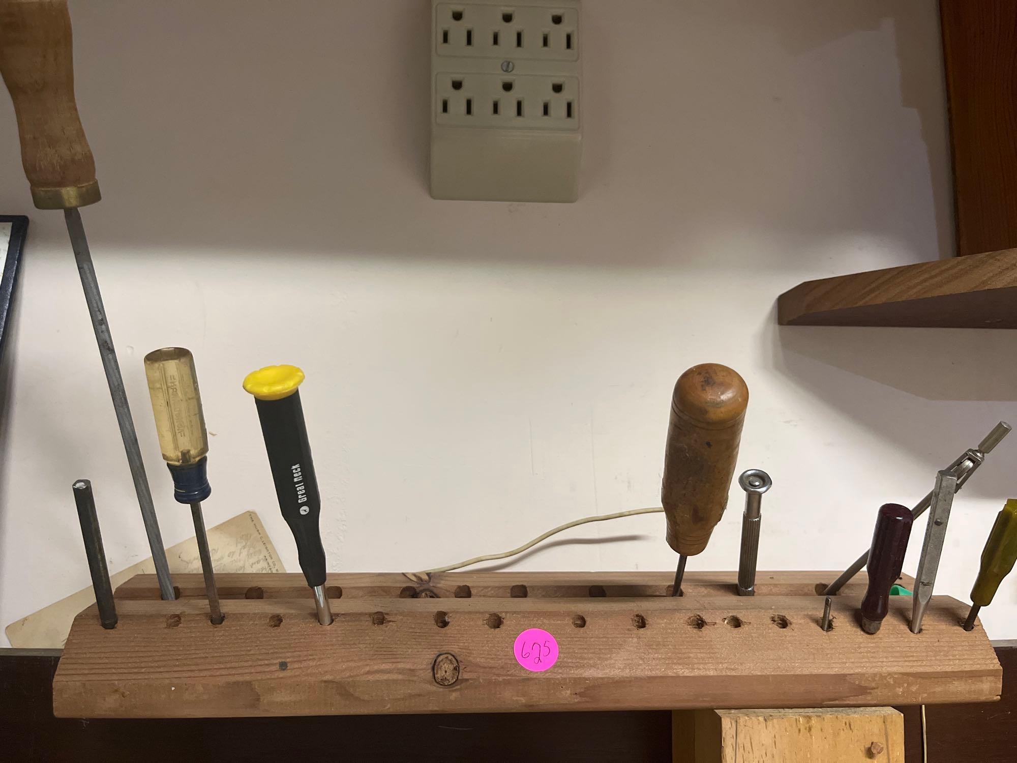 Assorted tools with wooden rack | Proxibid