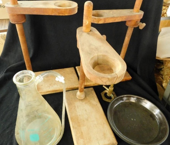 Box Lot of Vintage Chemistry Lab Items - Beaker - Burner - Wood Stands ...