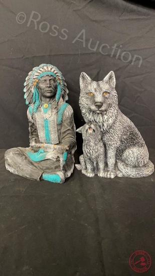 WOLF & NATIVE AMERICAN CHIEF CERAMIC STATUES | Online Auctions | Proxibid