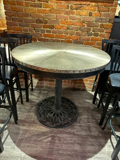 Ornate High-Top Table, Stainless Steel Over Solid Top w/ Brass Studs ...