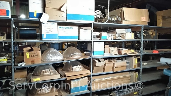Lot on Shelves of Various Glass Globes, EMT Couplers, Hanging Light ...