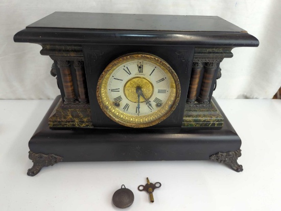 SESSIONS MANTLE CLOCK FAUX MARBLE ORNATE FEATURES WITH KEY UNTESTED ...