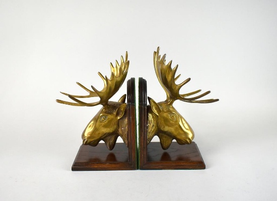Set of Brass Moose Heads Bookends Mounted on Wooden Bases | Online ...