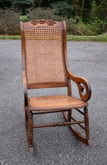 Vintage Carved Crest Rail Caned Rocking Chair | Art, Antiques ...