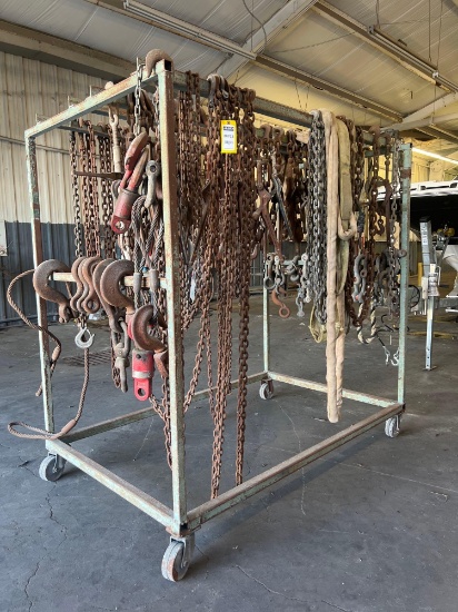 ENTIRE RACK OF RIGGING CHAINS, HOOKS, BINDERS, STRAPS, ETCS. RACK AND ...