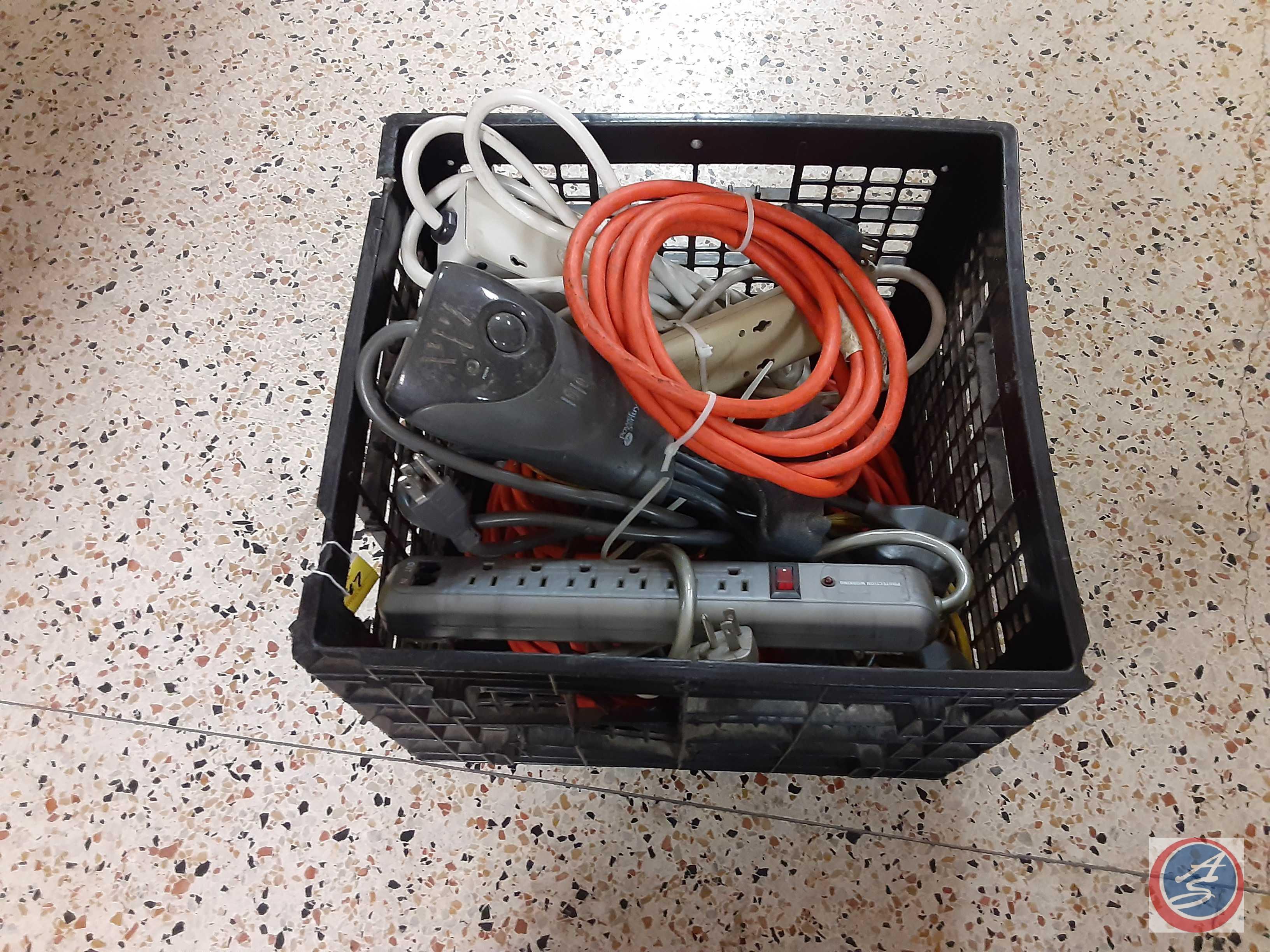 Milk crate full of extension cords | Proxibid