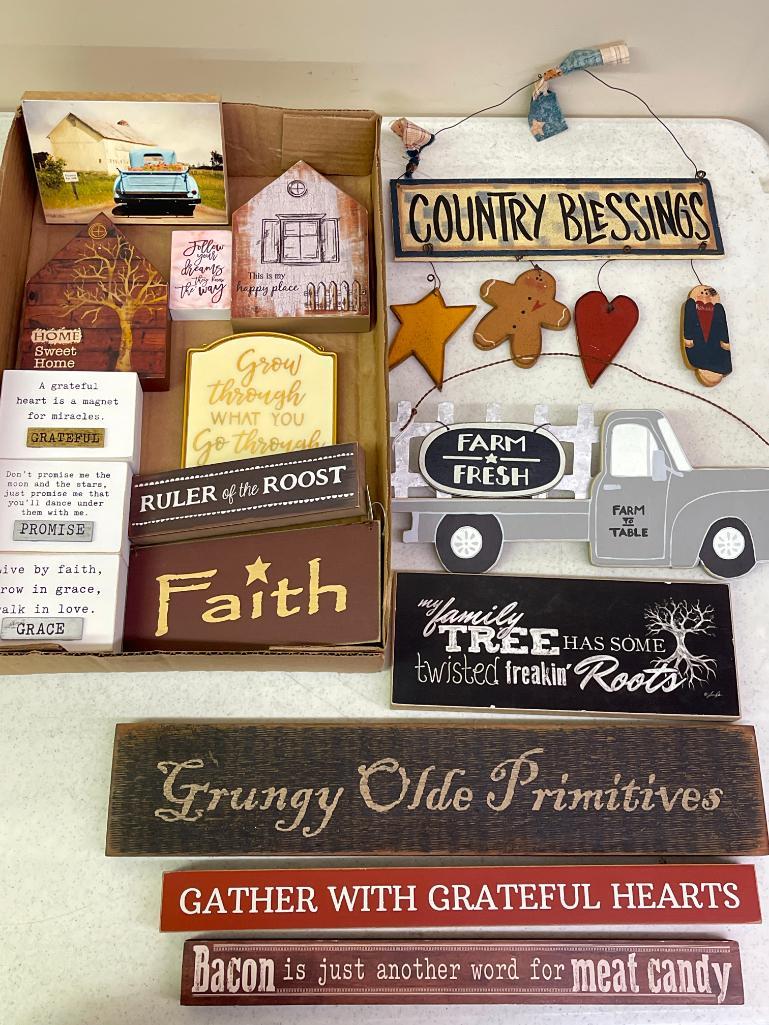 Group of Country Primitive Signs and Shelf | Proxibid
