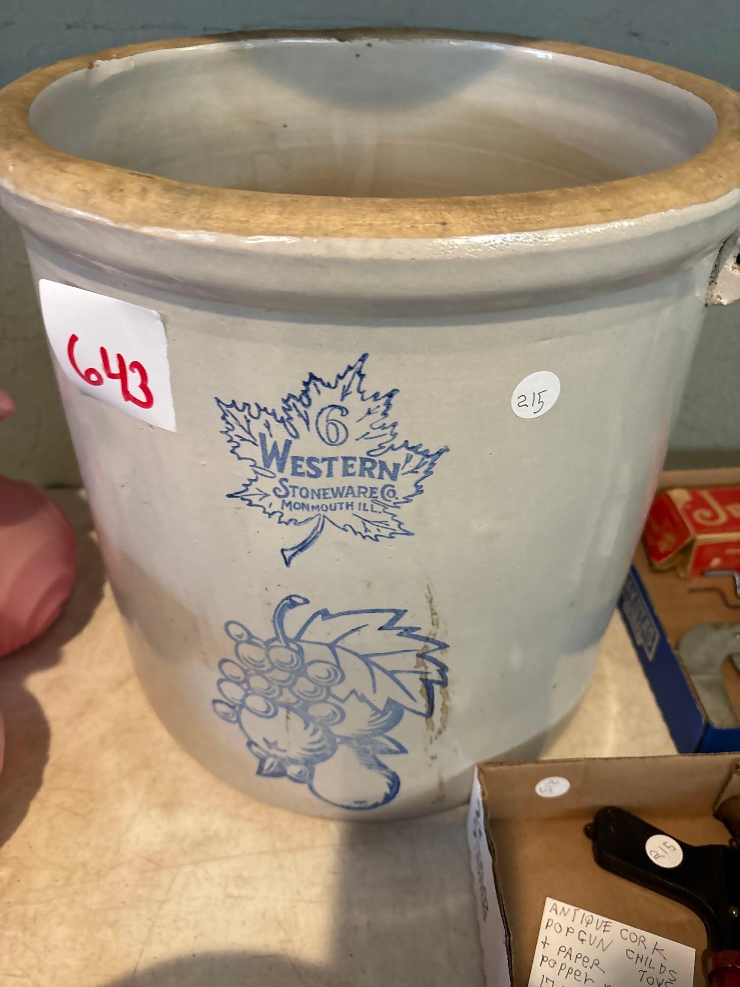 6 gallon crock with blue decoration western | Proxibid