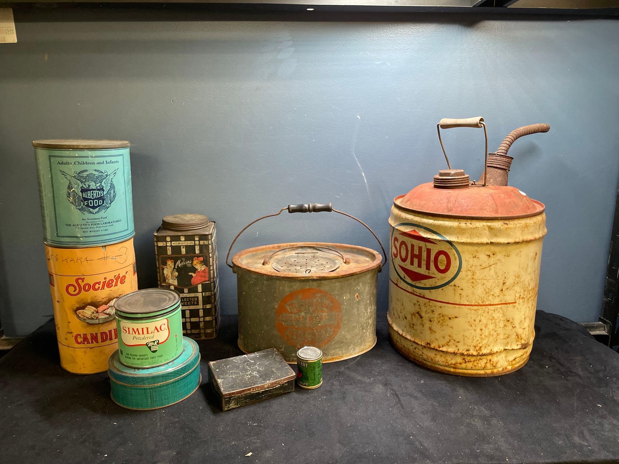 Sohio oil can, minnow bucket, other vintage tins | Proxibid